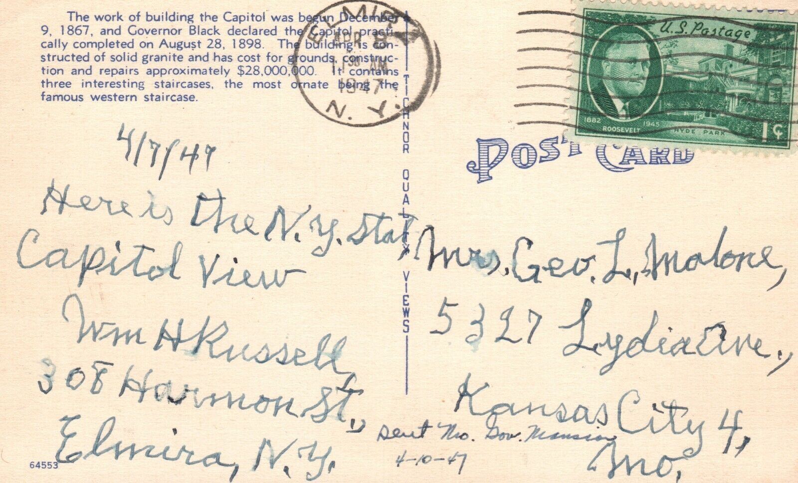 Vintage Postcard 1947 State Capital New York Tichnor 1 Cent Stamp ...