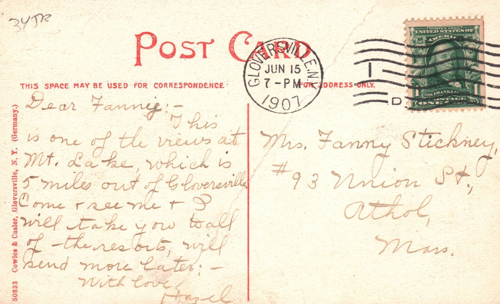 Vintage Postcard 1907 Rustic Bridge Mountain Lake Near Gloversville New ...