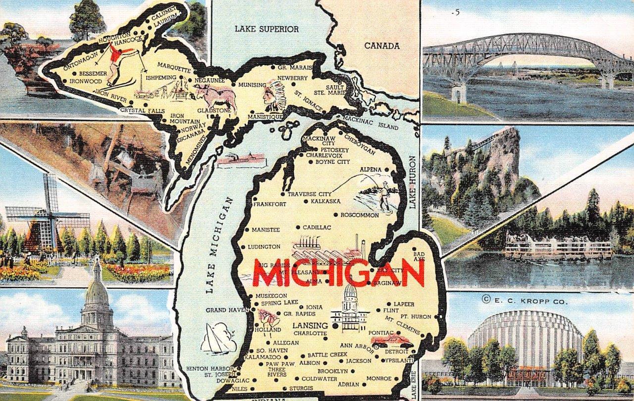 Michigan, MAP CARD-CITIES-LAKES-LANDMARKS c1940's Linen Postcard ...