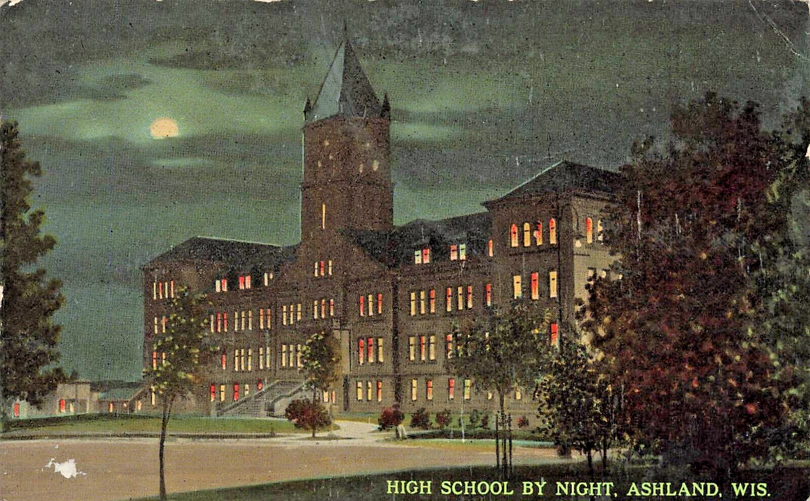 Ashland Wisconsin WI~High School by Night-Moonlight~1913 POSTCARD ...