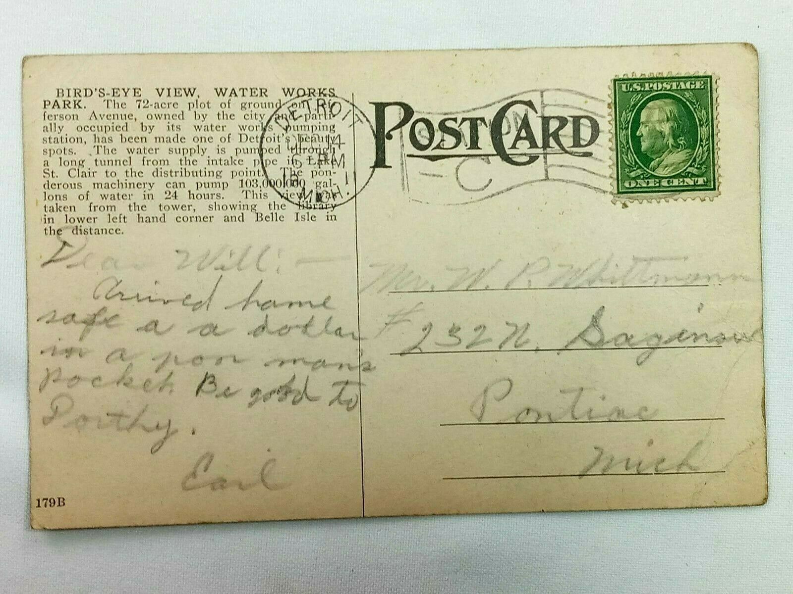 Vintage Postcard 1911 Birds-Eye View Water Works Park Detroit MI ...