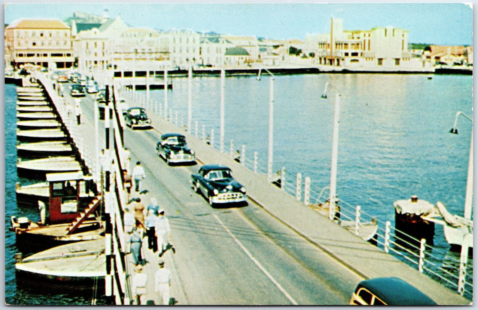 Vintage Postcard 1950s Cars Traversing Queen Emma Bridge at Willemstad ...
