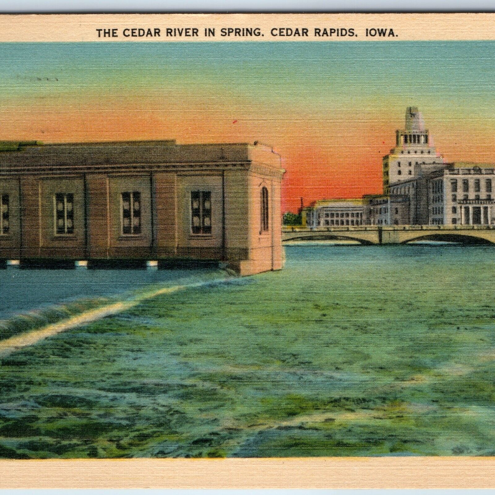 c1940s Cedar Rapids, IA Cedar River in Spring Dam House Building Bridge ...