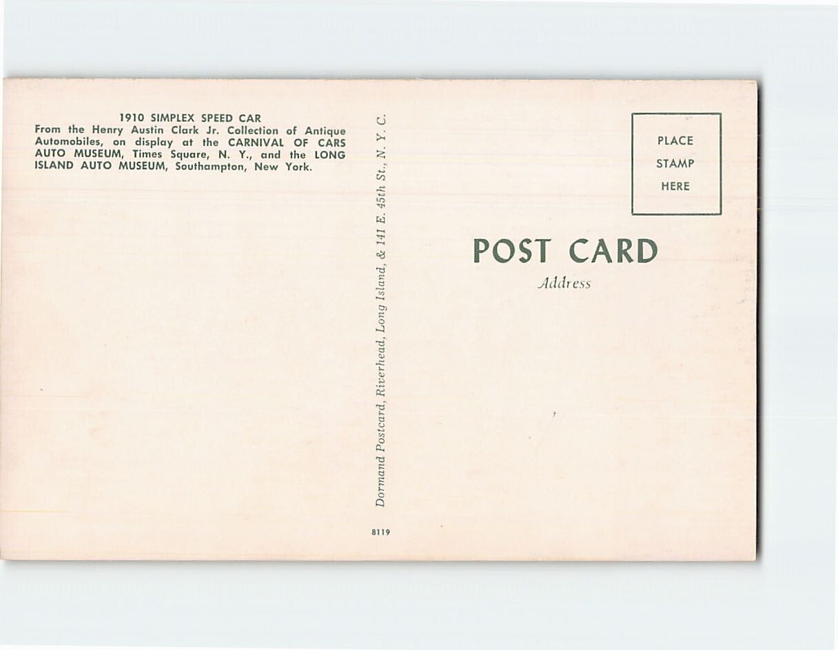 Postcard 1910 Simplex Speed Car, Carnival Of Cars Auto Museum, New York ...