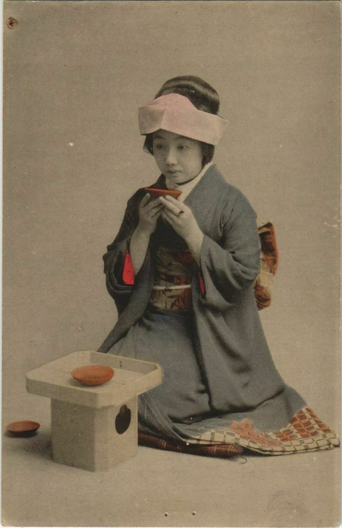 PC Geisha Girl Drinking TEA Japan Hand Colorized (A19801) | Asia ...