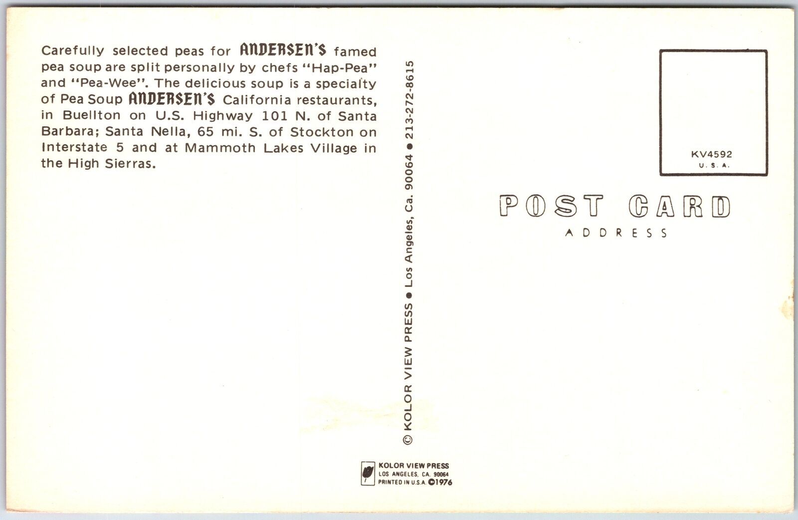 Vintage Postcard Andersen's Famed PEA Soup Restaurants in California ...