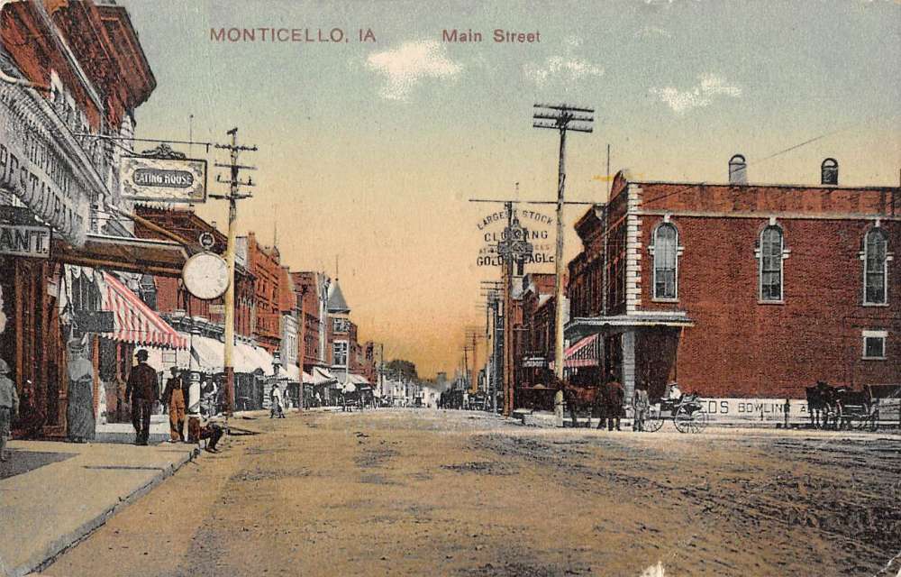 Monticello Iowa birds eye view Main St horses buggies antique pc Y11850 ...