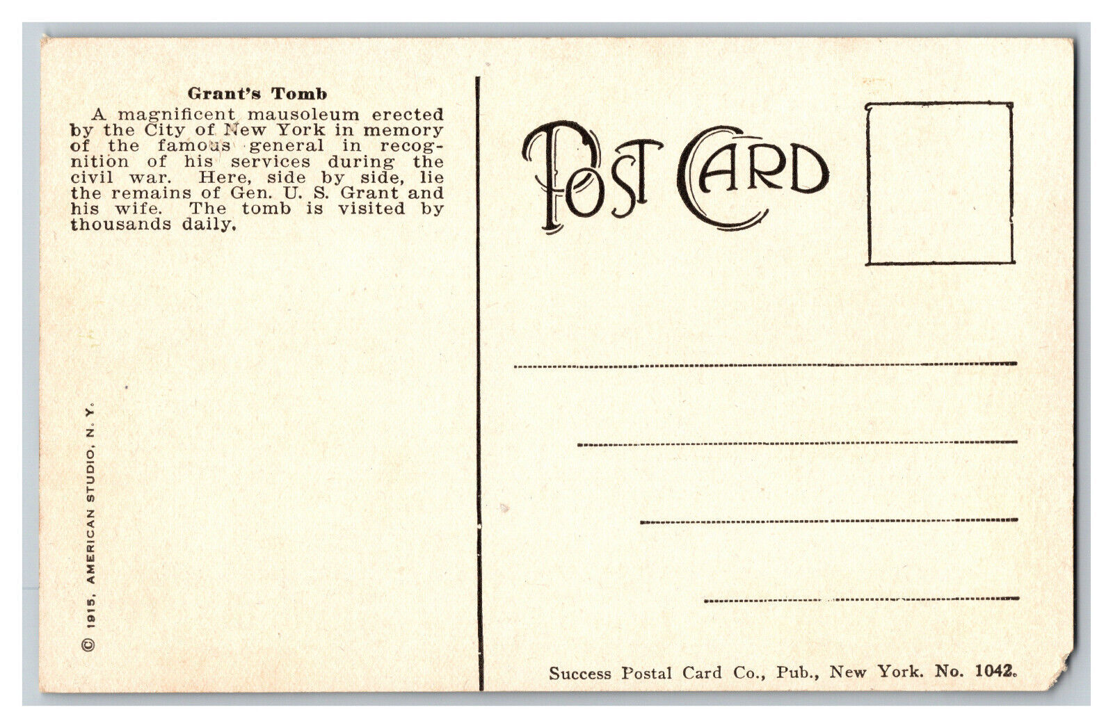 Postcard NY Grant's Tomb New York City New York Double Decker ...