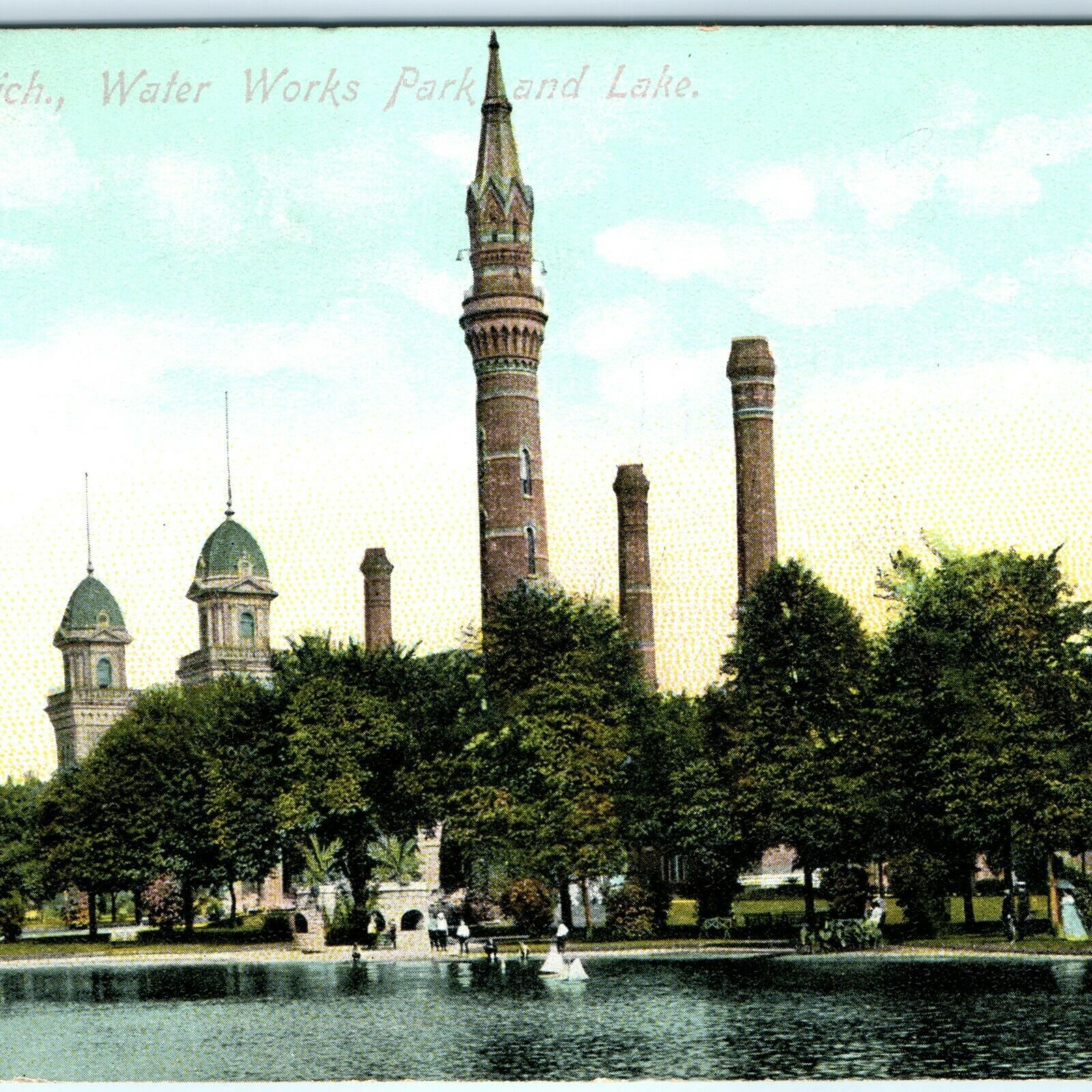 1907 Detroit, Mich. Water Works Park & Lake Litho Photo Postcard Towers ...
