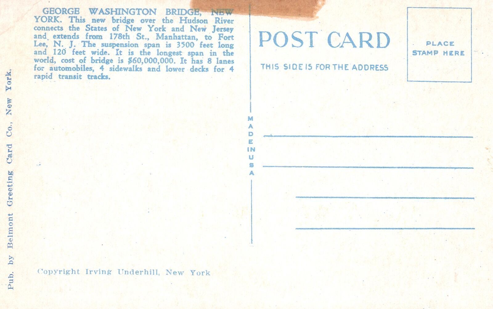 Vintage Postcard George Washington Bridge Over Hudson River New York ...