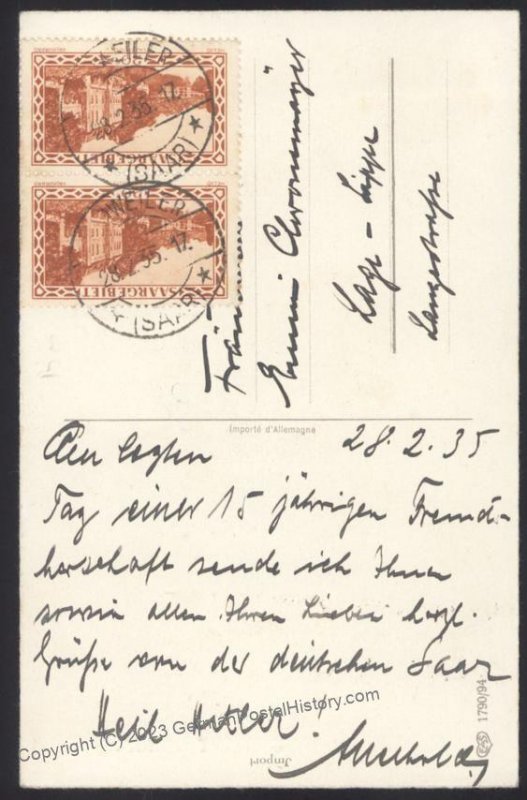 3rd Reich Germany 1935 Saar Plebescite Patriotic Propaganda Card USED ...