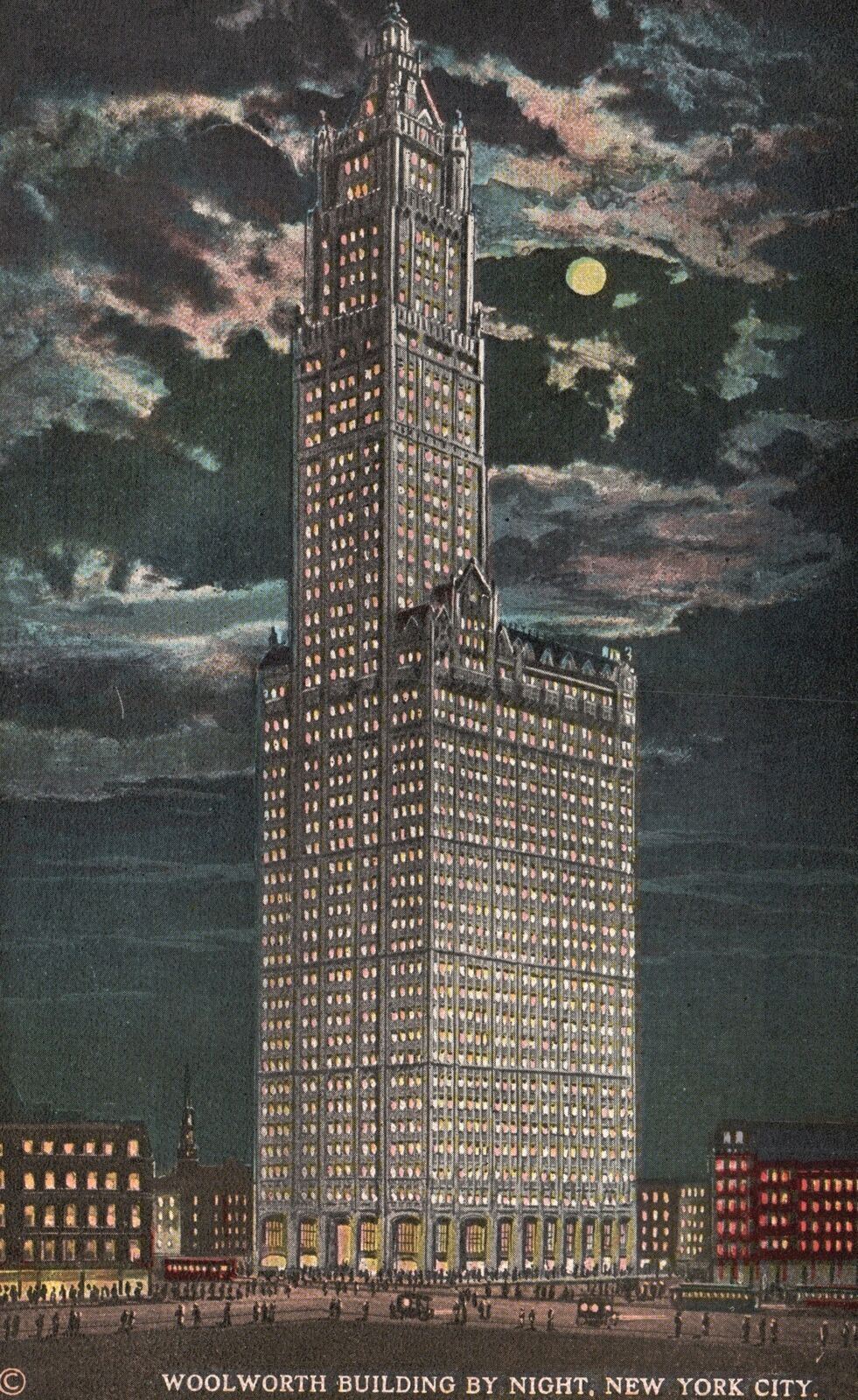 Vintage Postcard Woolworth Building By Night Historic Building New York ...