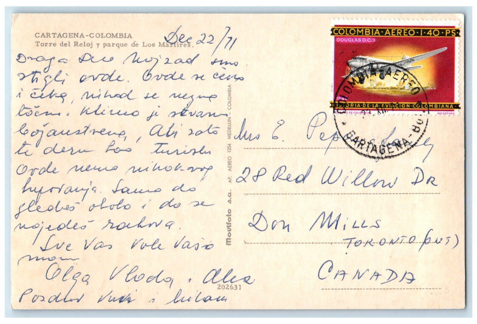 1971 Clock Tower and Martyrs Park Cartagena-Colombia Vintage Postcard ...