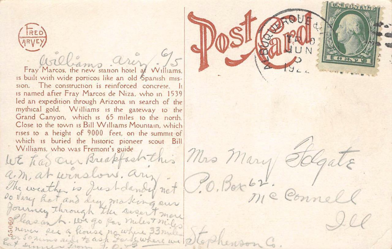 Fray Marcos Santa Fe Hotel Williams, AZ Fred Harvey Railroad Depot 1922 ...