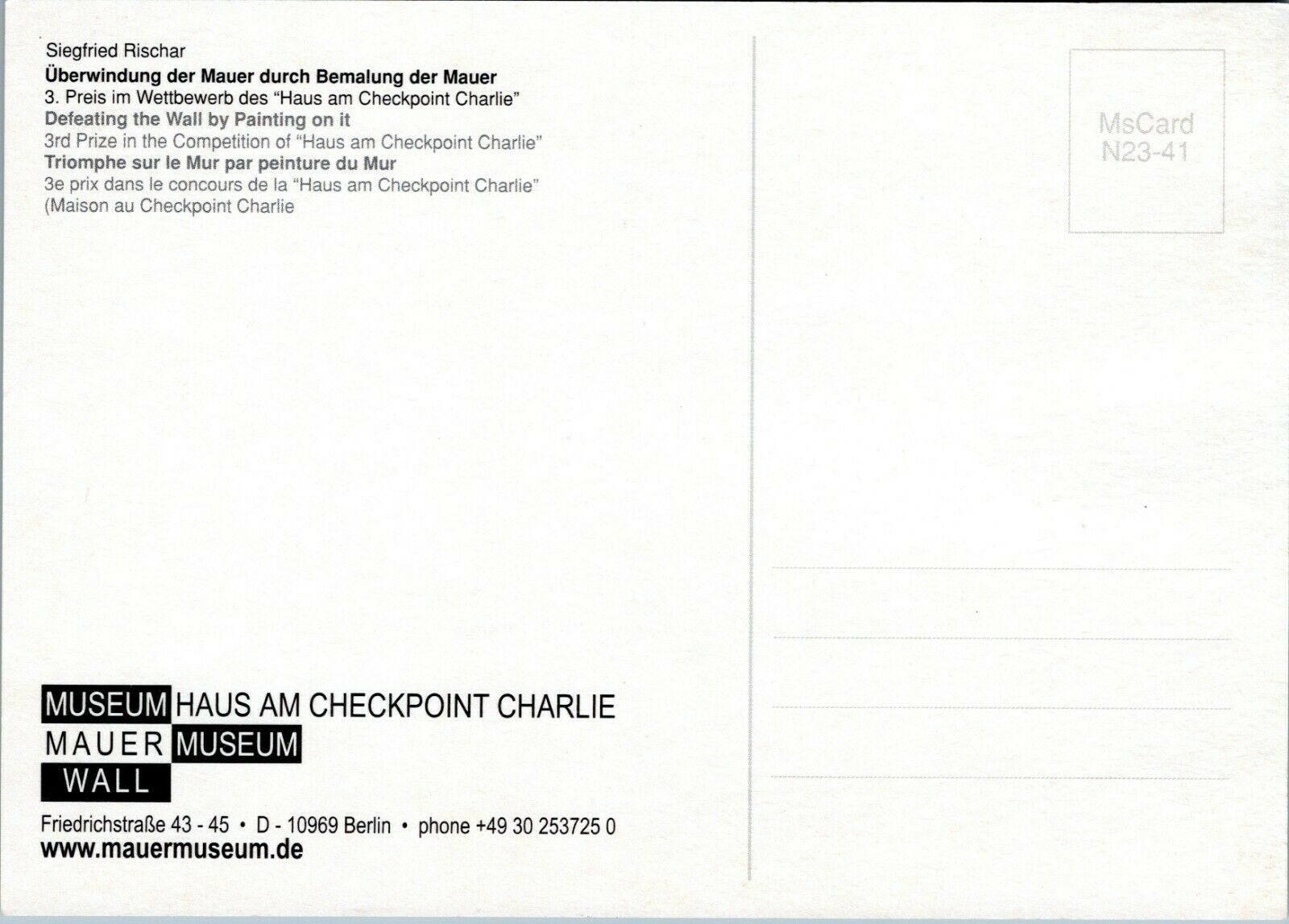 postcard Berlin Checkpoint Charlie Museum - Siegfried Rischar Berlin ...