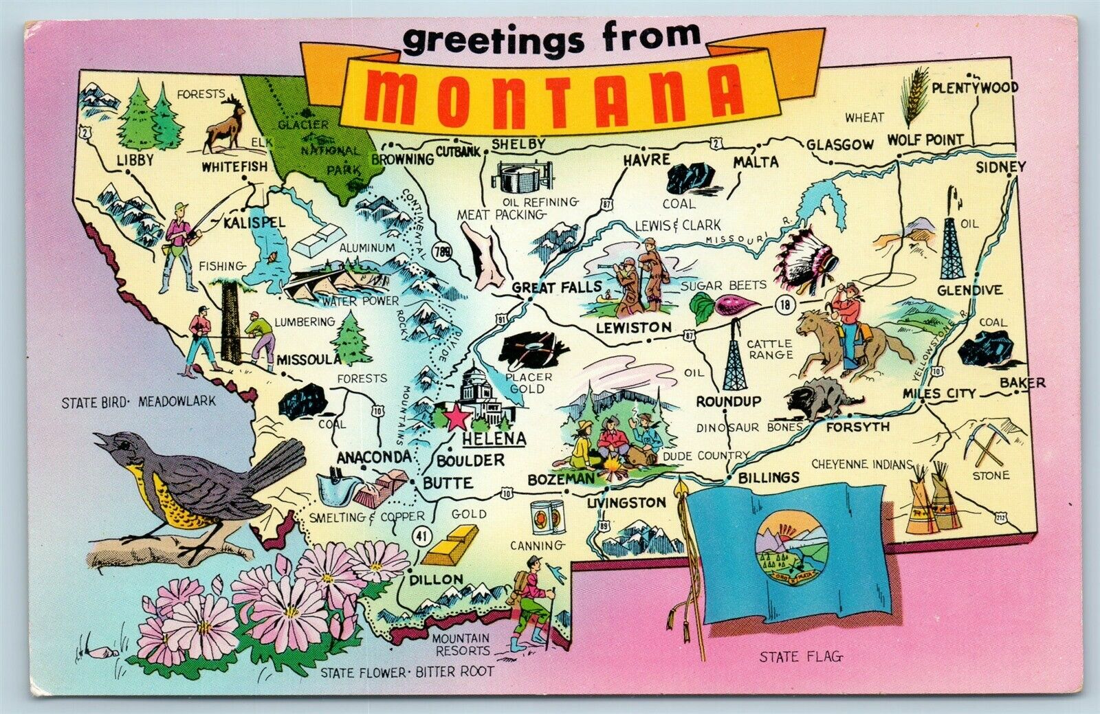 Postcard MT State Map Montana Cities Roads Attractions Vintage O18 ...