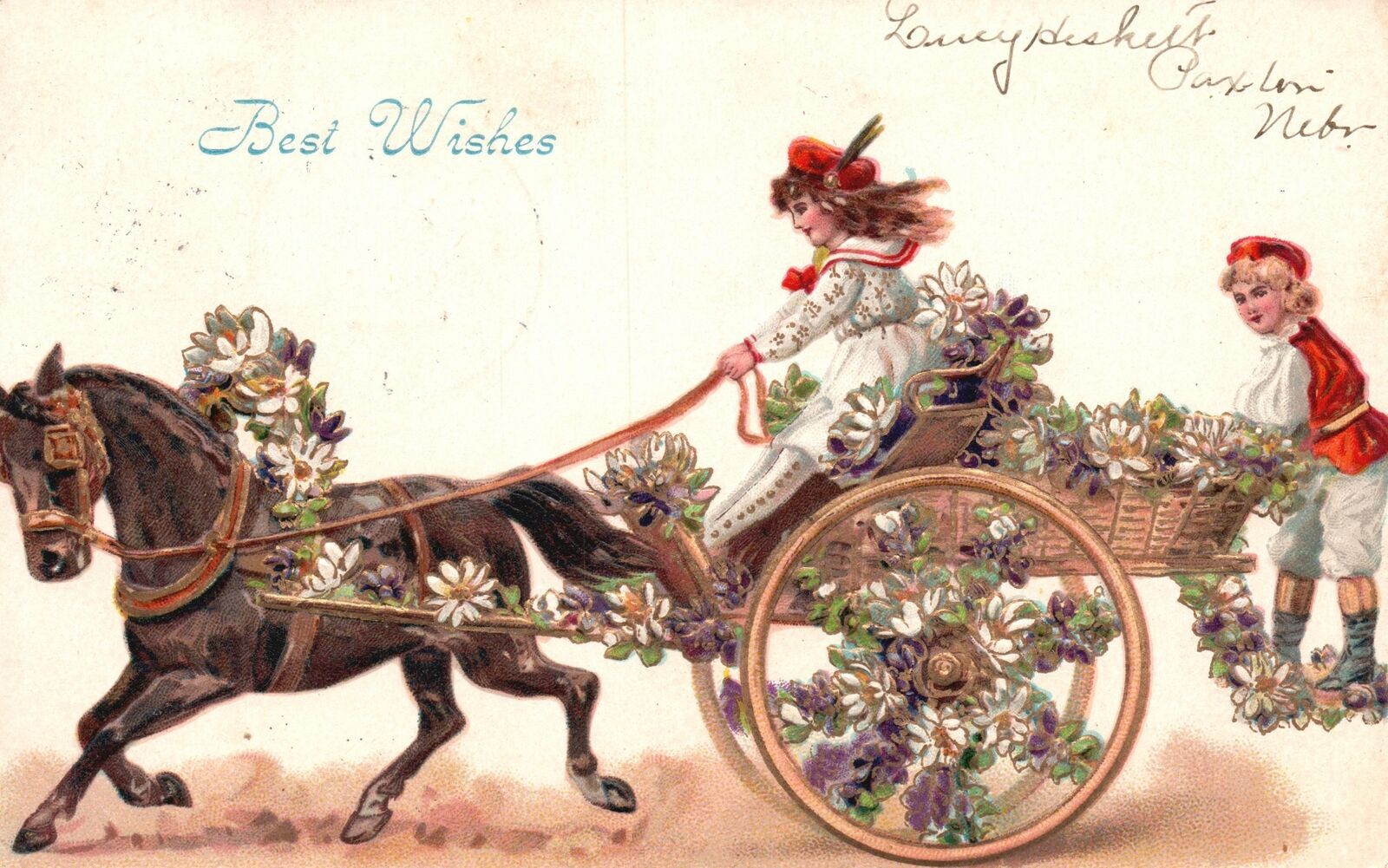 Vintage Postcard 1908 Best Wishes Greeting Lady Riding Horse Carriage w ...
