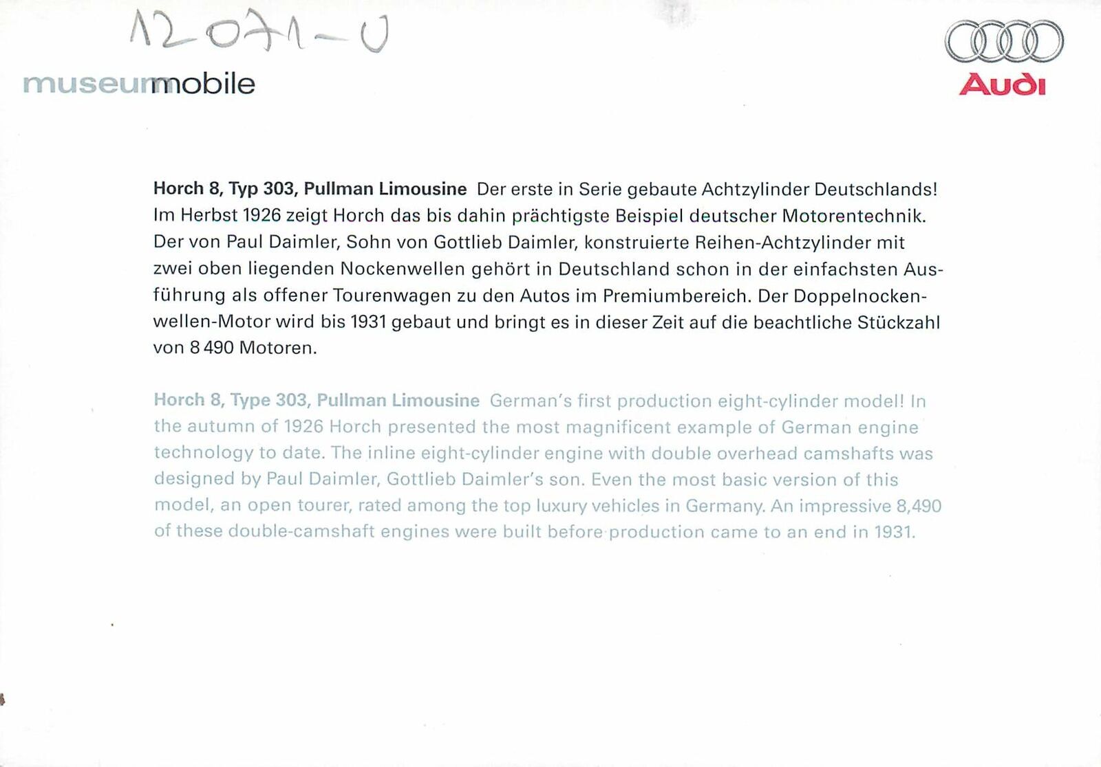 Audi Logo Mobile Museum Postcard Horch 8 Type 303 Pullman Limousine ...