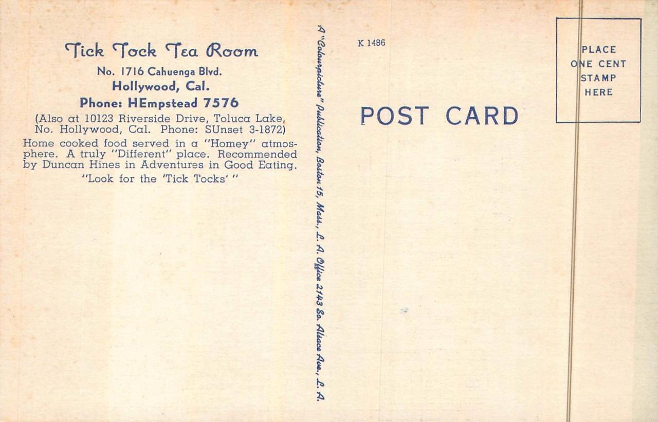 Tick Tock TEA Room Clock Hollywood California Postcard (C. 1940s ...
