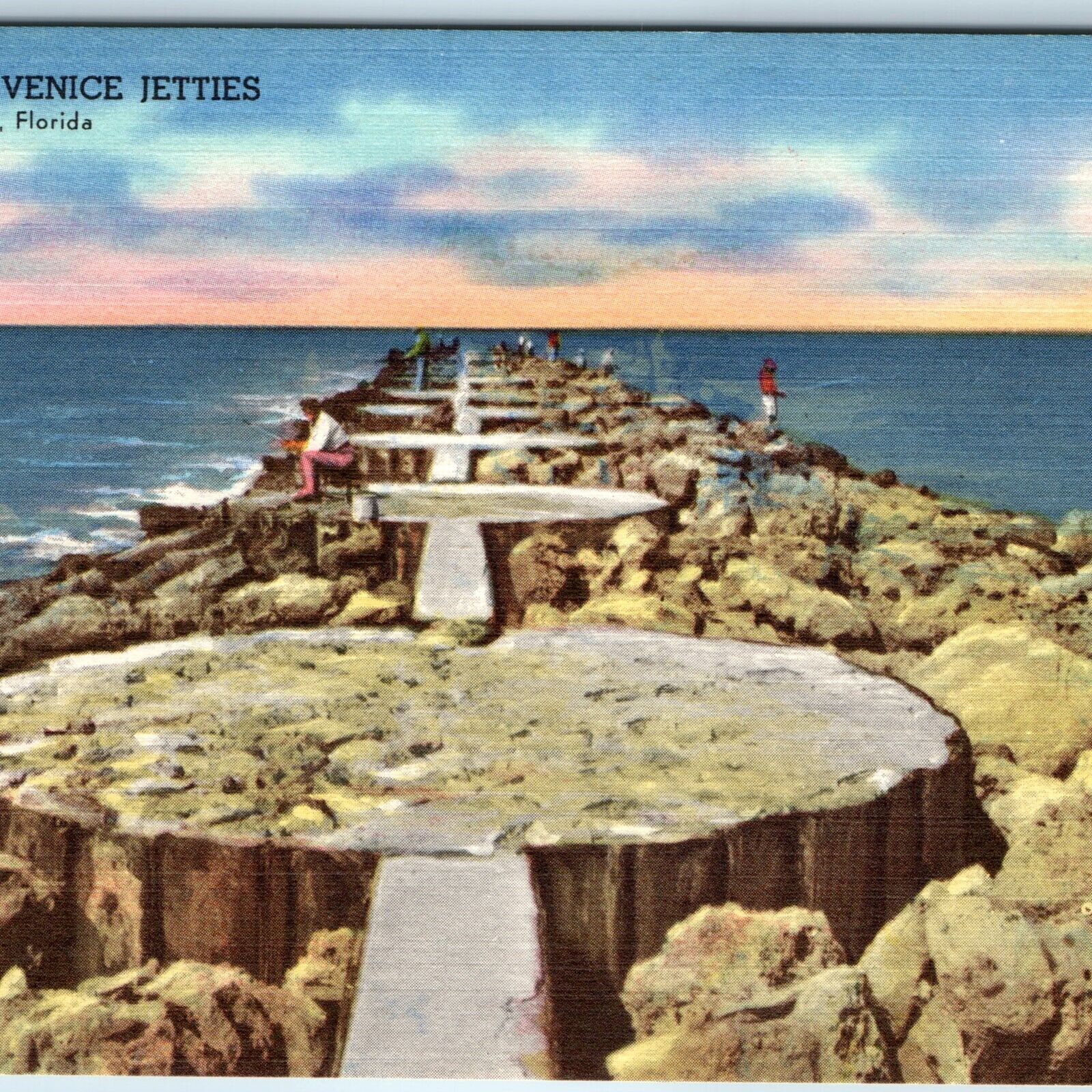 c1940s Venice, FL Famous Jetties Rock Pier Fishing Fishermen Atlantic ...