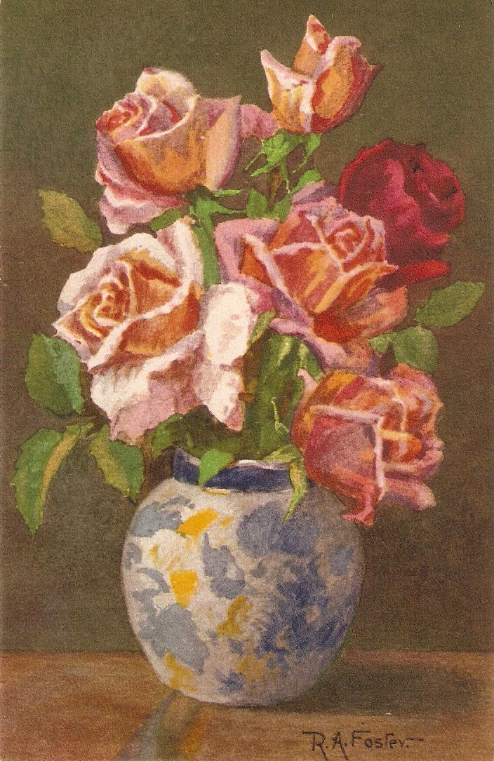 "R.A. Foster. Beatutiful roses in vase" Old vintage Swiss artist signed ...