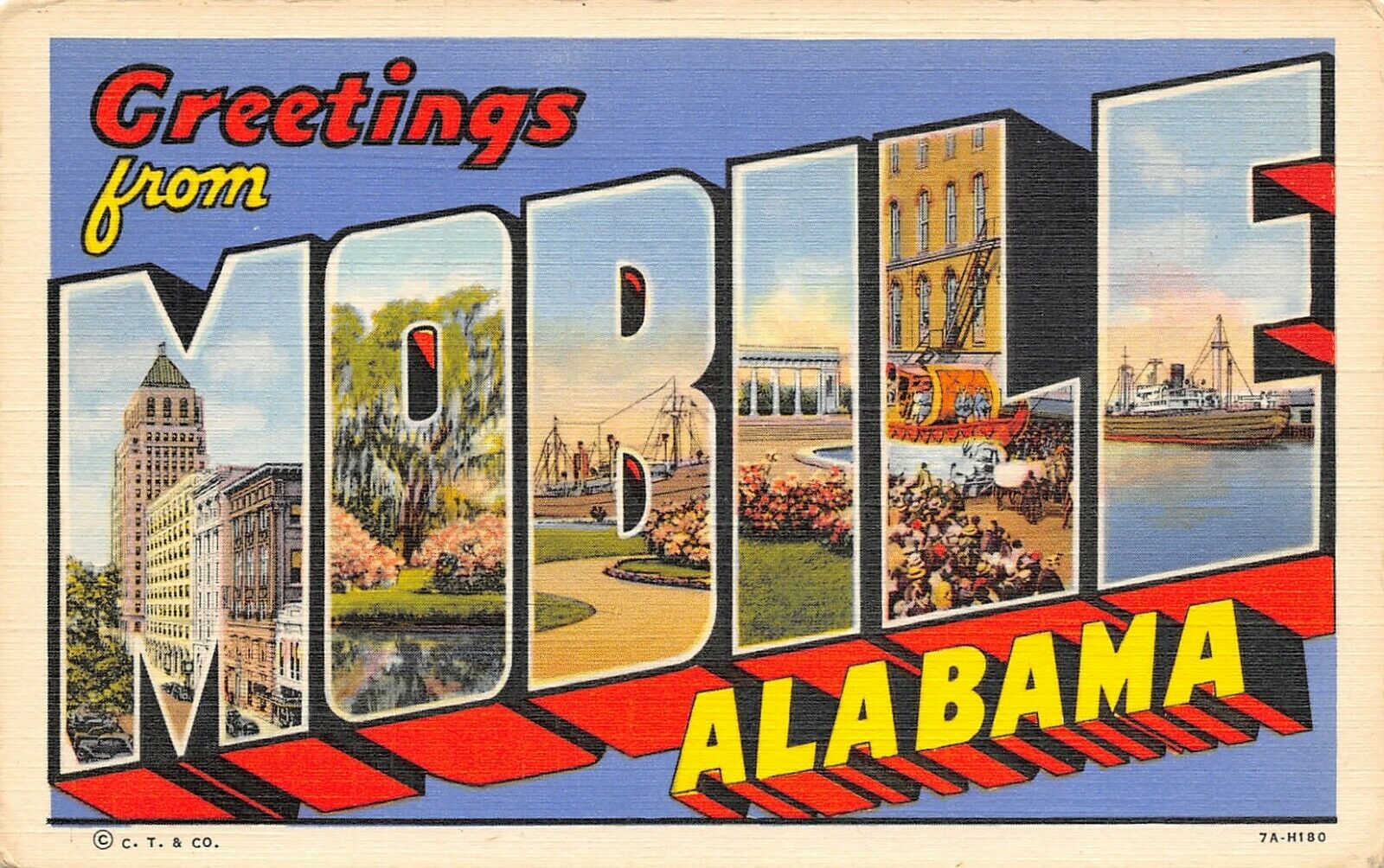 Mobile Alabama~Large Letter Linen Postcard~Pirate Ship Parade~Ships ...