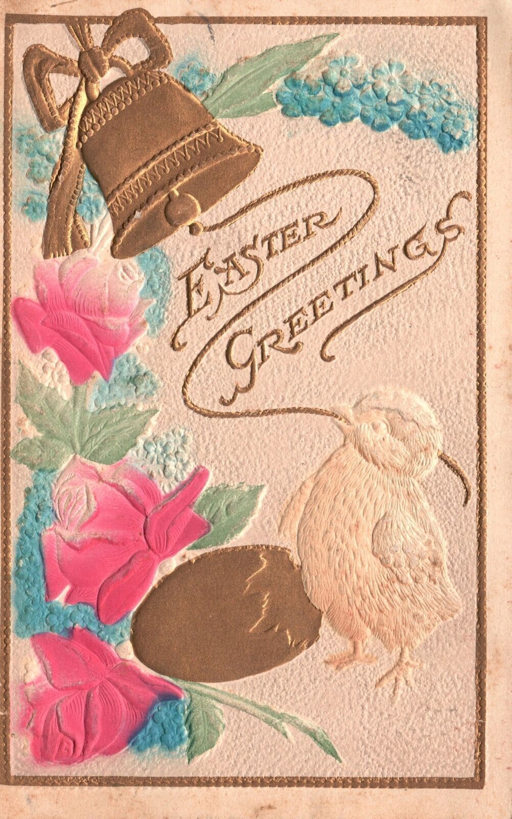 Vintage Postcard Easter Greetings Bell Chick Rose Flowers Forget Me Not ...
