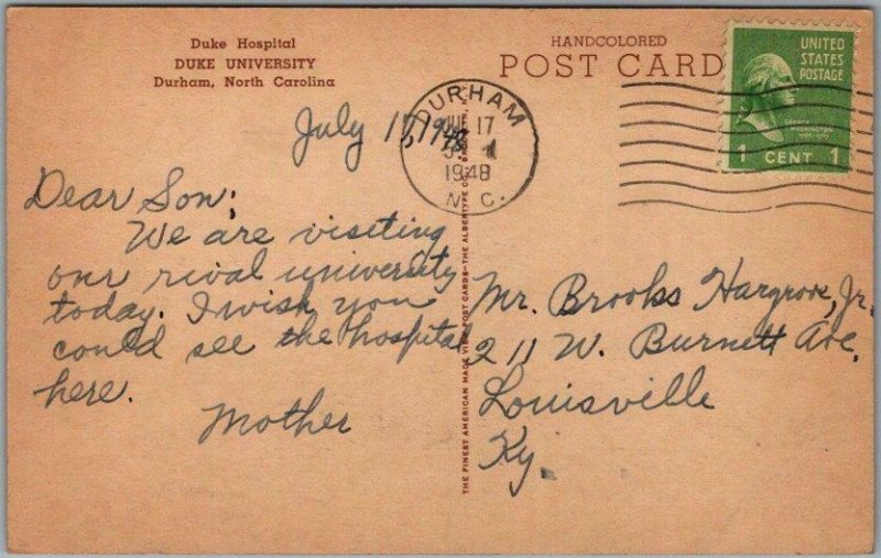 Postal Vintage 1948 Universidad de Duke "Duke Hospital" Albertype ...