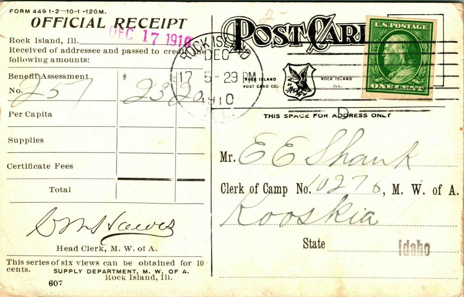 Modern Woodman Of America Official Receipt Postcard Rock Island IL ...