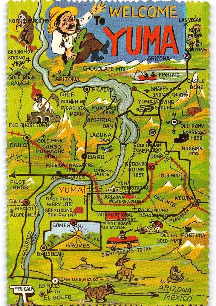 YUMA, ARIZONA Map Comic Gold Rock Ranch Desert 4x6 c1960s Vintage ...