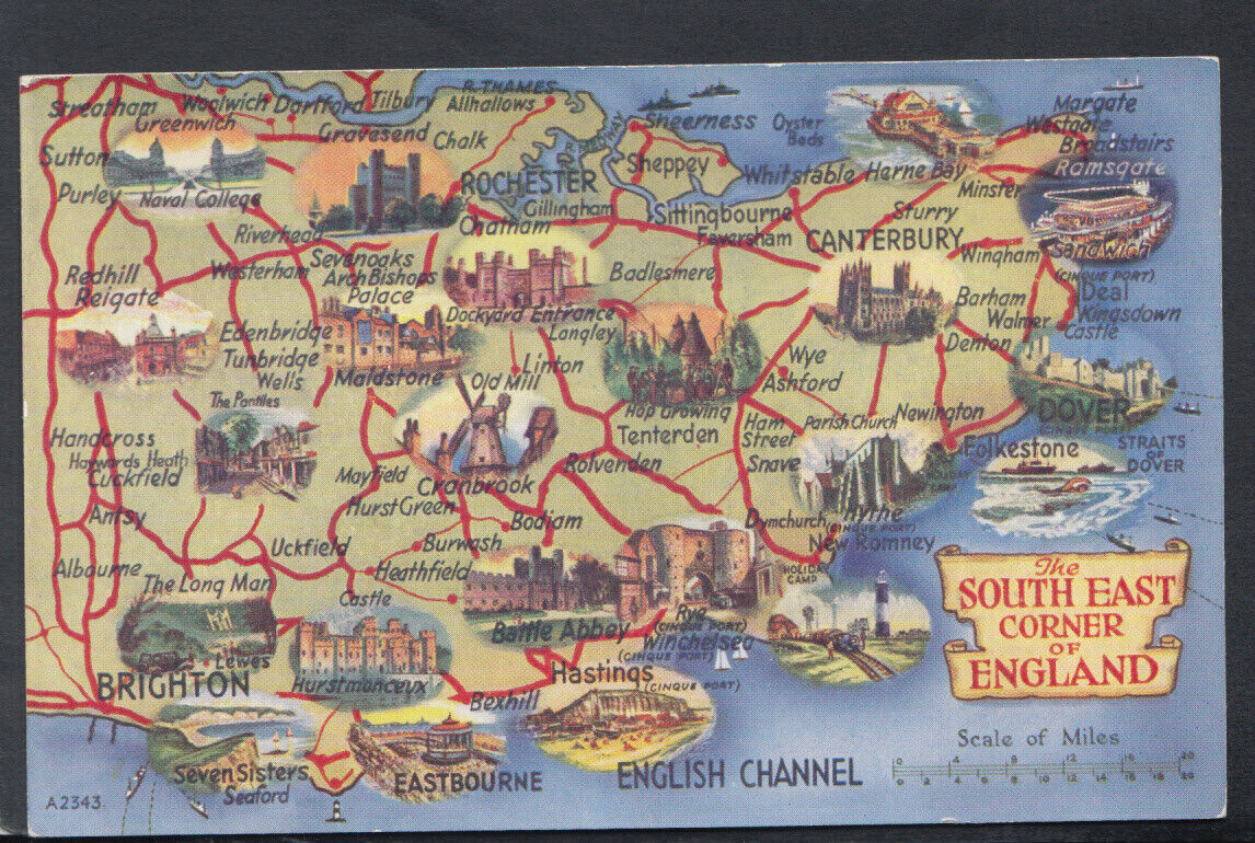 Cartography Postcard - Map Showing The South East Corner of England ...