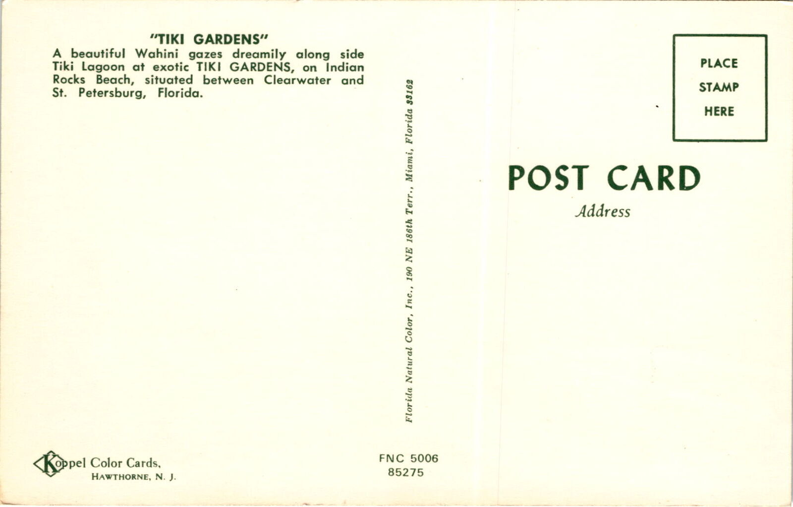 Vintage TIKI GARDENS Postcard FNC 5006 - Wahini at Tiki Lagoon Florida ...