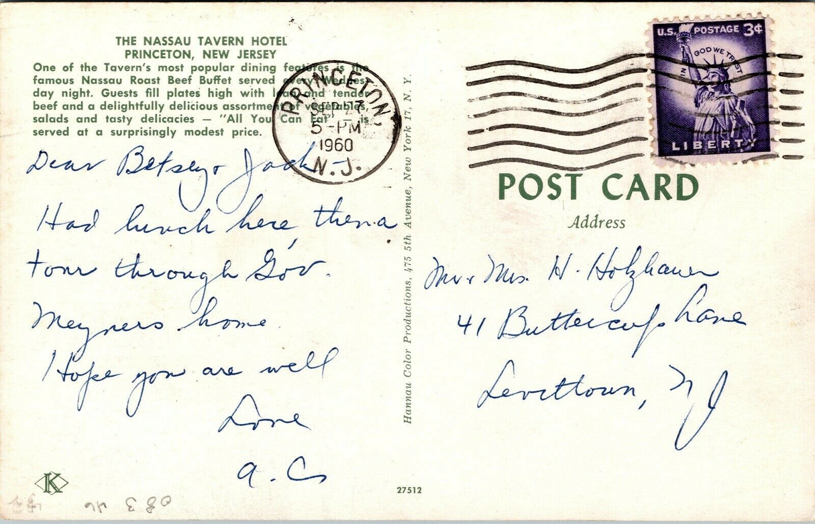 Vtg Princeton NJ Roast Beef Buffet Nassau Tavern Hotel Restaurant ...