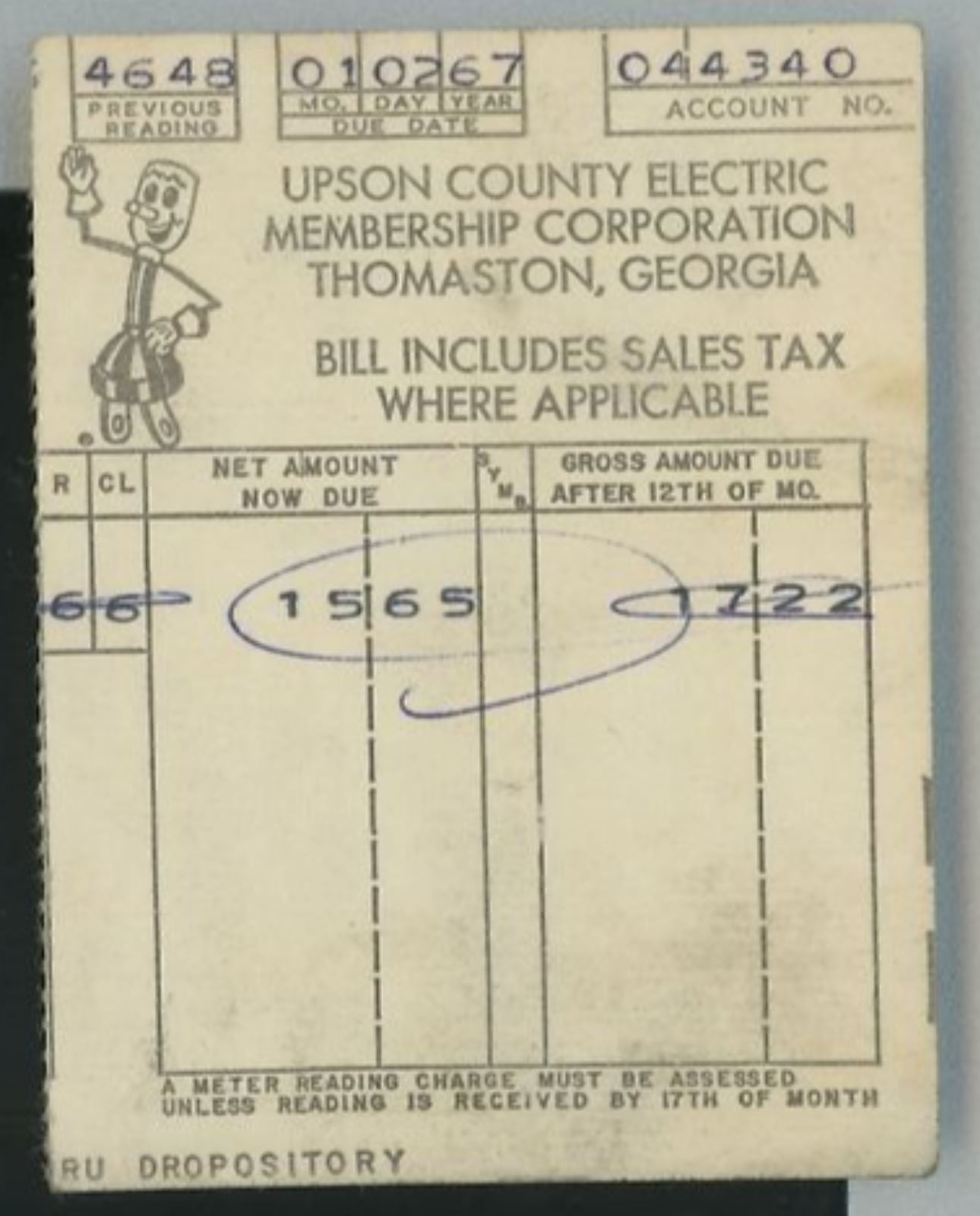1967 Upson County Electric Membership Corp Thomaston GA Utility Bill ...