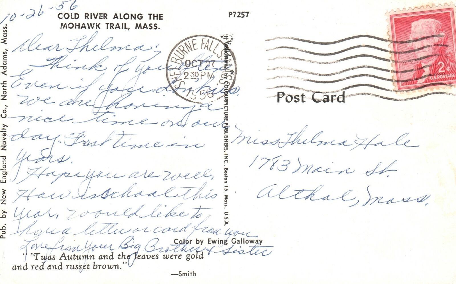 Vintage Postcard 1956 Cold River Along Mohawk Trail Autumn Leaves ...