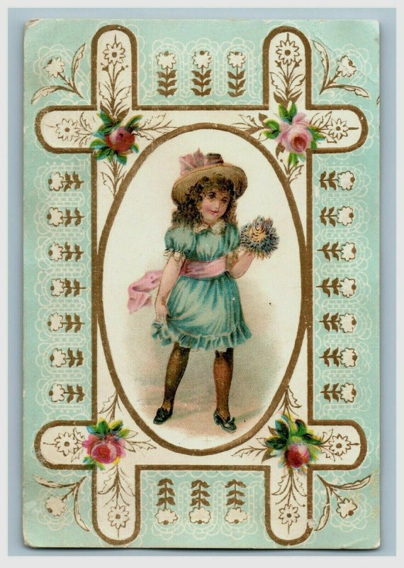 1880s-90s Embossed Victorian Card Lovely Girl In Blue P214 | Ephemera ...