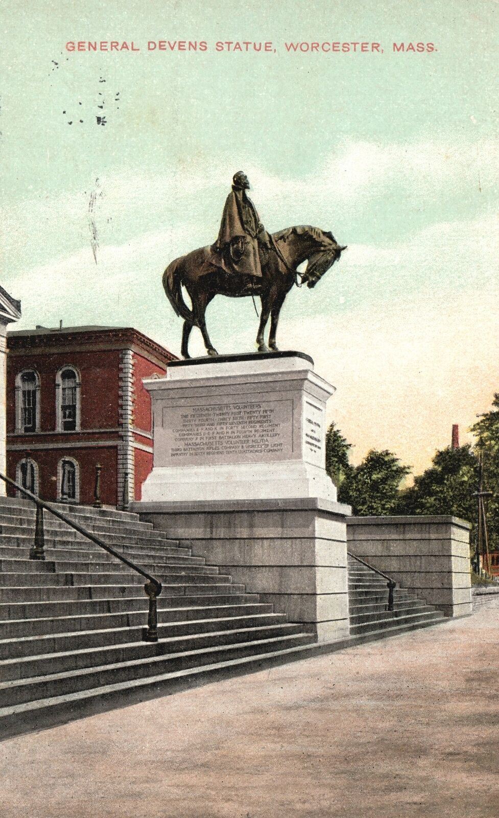 Vintage Postcard 1909 General Devens Monument Statue Worcester ...