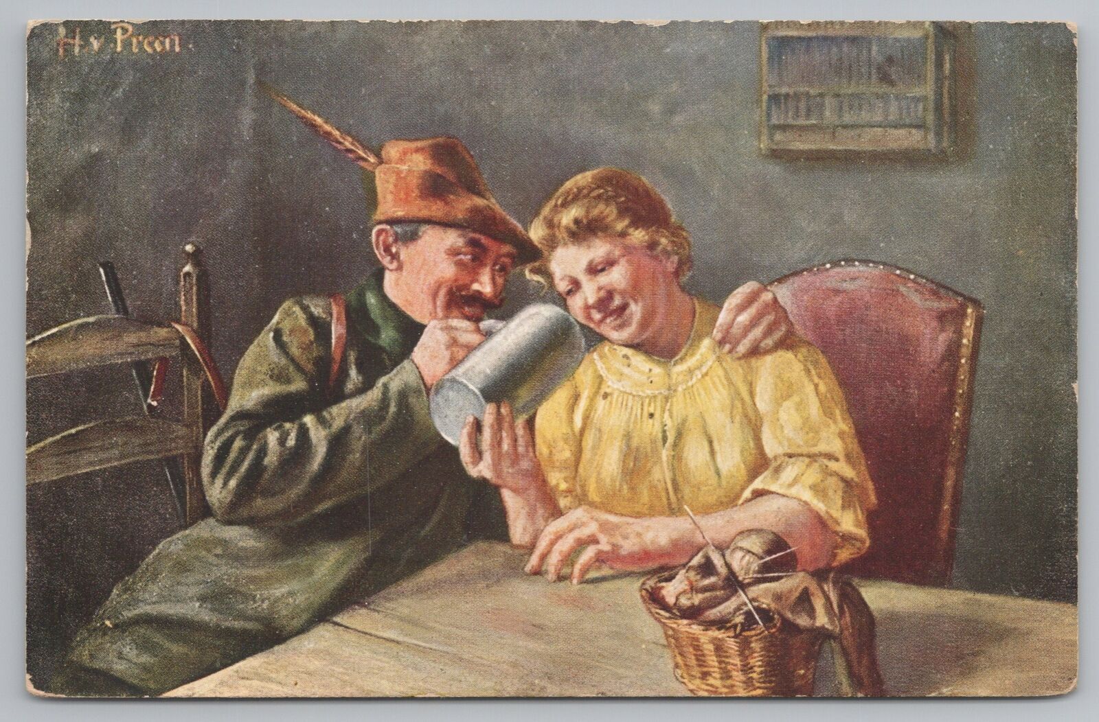 Art~Artist Hugo Von Preen~Man w/Feather In Hat Shares Tankard With Lady ...