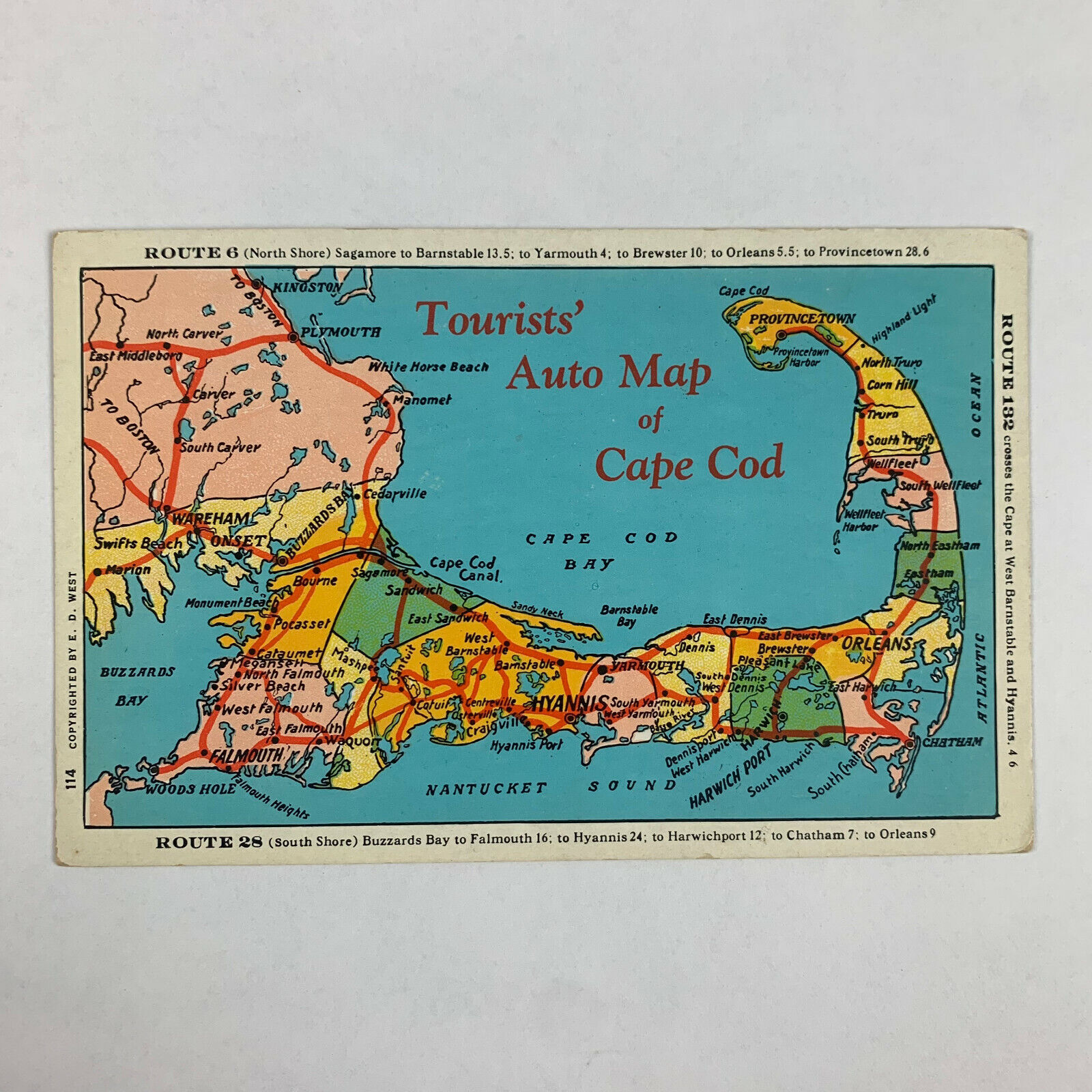 Postcard Massachusetts Cape Cod MA Auto Map 1930s Unposted Whote Border ...