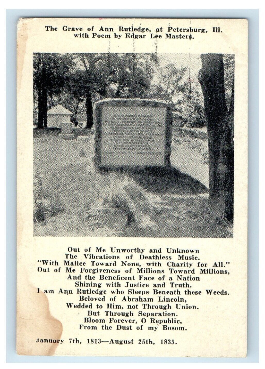 Grave Of Ann Rutledge At Petersburg Illinois IL, With Poem By Edgar Lee ...