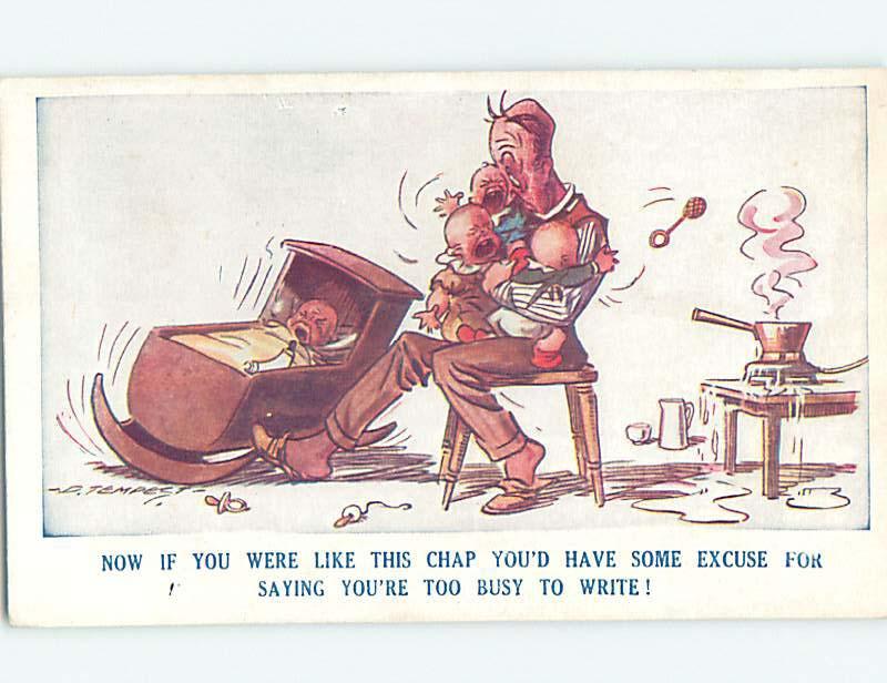 Bamforth comic signed MAN TAKES CARE OF FOUR KIDS AT ONCE HJ1922 ...