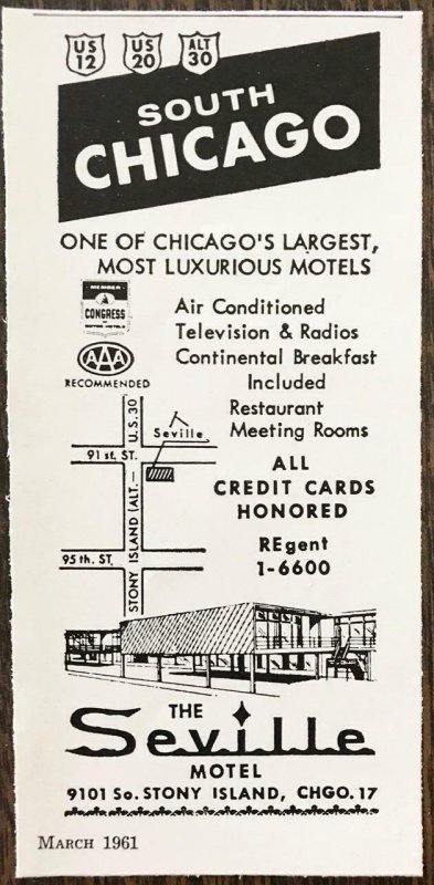 1961 Seville Motel South Chicago Print Ad One of Chicagos Most ...