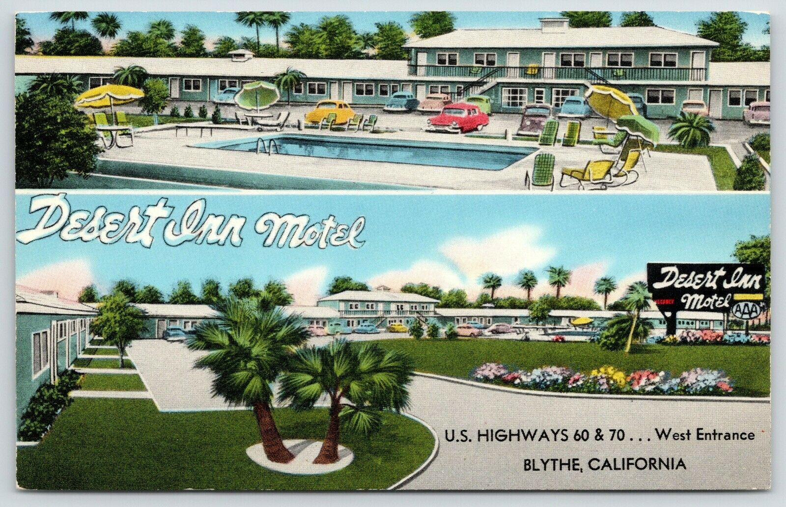 Blythe CA~Rt 60 & 70~Desert Inn Motel Drawing~7-Foot Beds~Swimming Pool ...