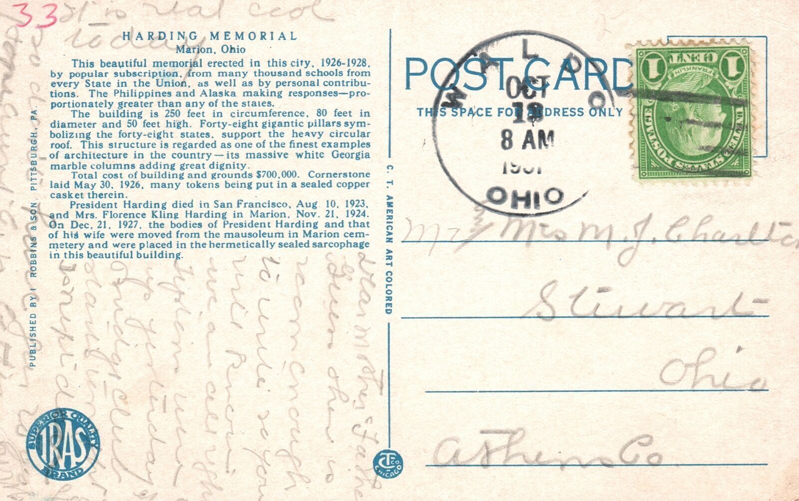 Vintage Postcard View of Warren G. Hardin Memorial Marion Ohio OH ...