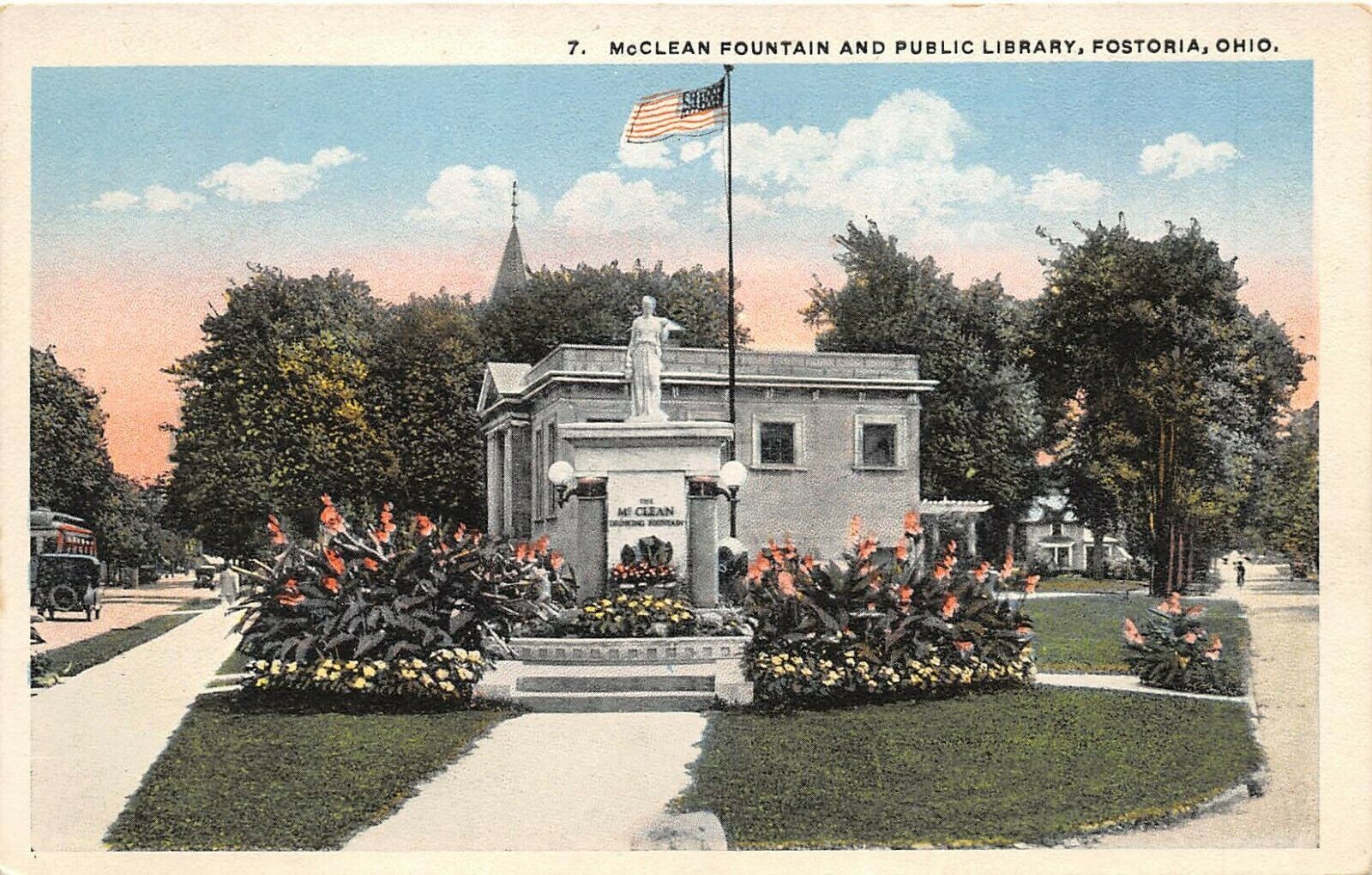 Fostoria Ohio 1920s Postcard McClean Fountain and Public Library ...