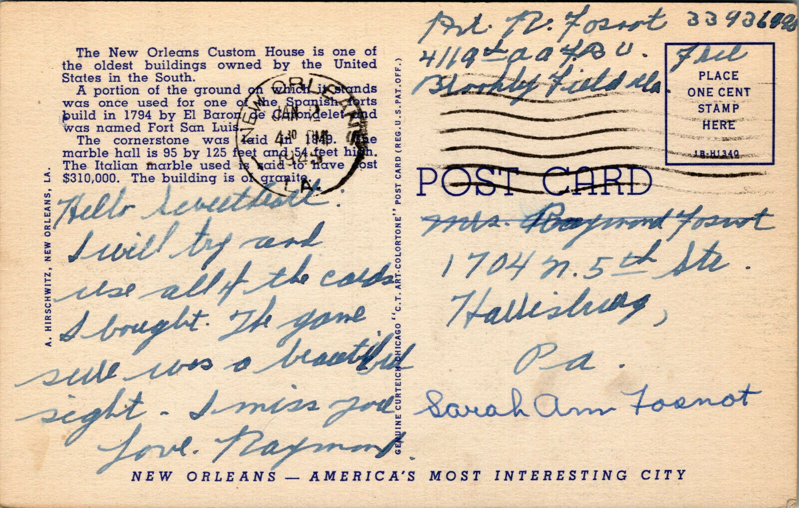 Vtg 1940s The Customs House New Orleans Louisiana LA Linen Postcard ...
