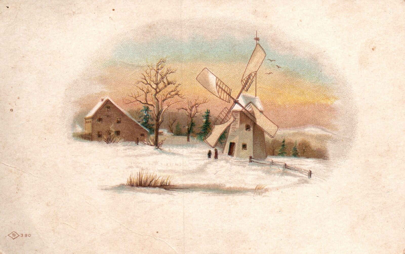 Vintage Postcard Windmill House Trees Yard Ground Peaceful Simple ...
