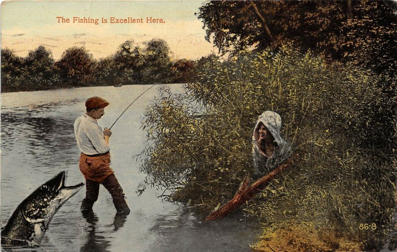 FISHING Is Excellent Here 1913 Postcard Angler Catches Girl Giant Fish ...