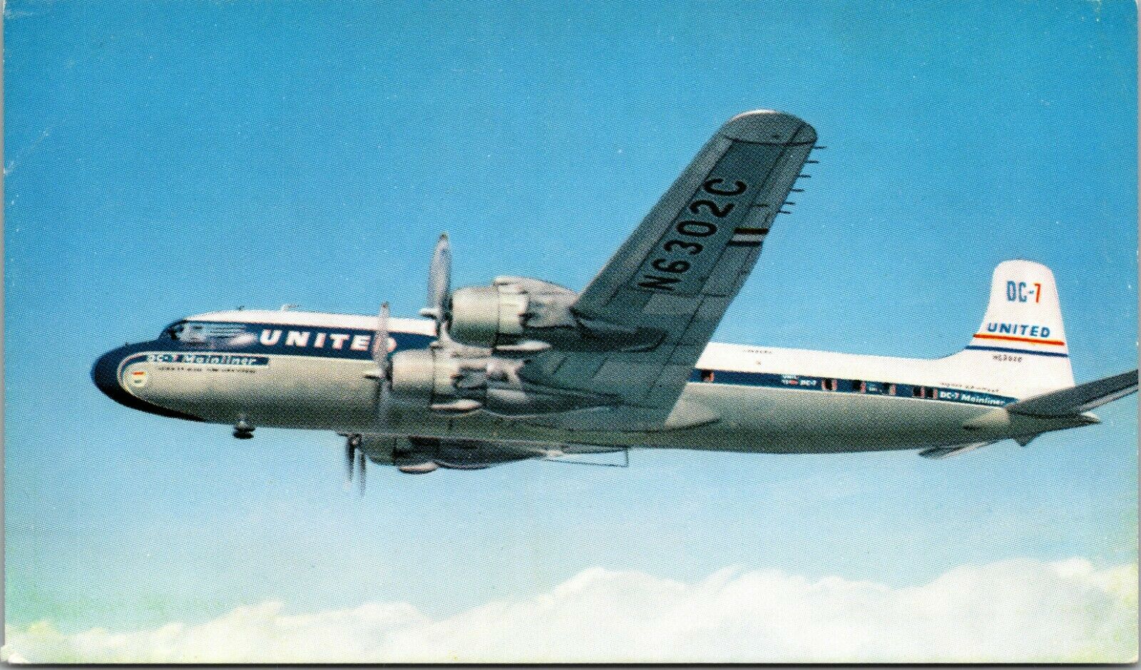 Vintage 1958 United Airlines DC-7 Airliner Aerial View Postcard N6302C ...