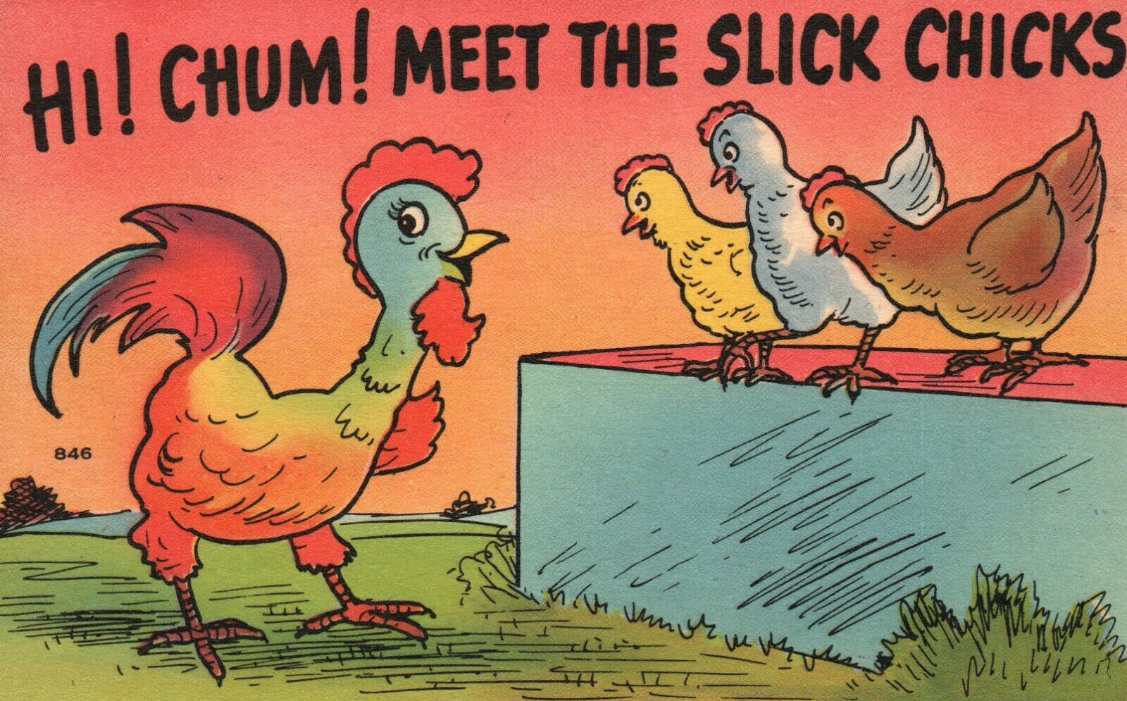Postcard Chickens on a Ledge "Hi! Chum! Meet the Slick Chicks" Comic ...